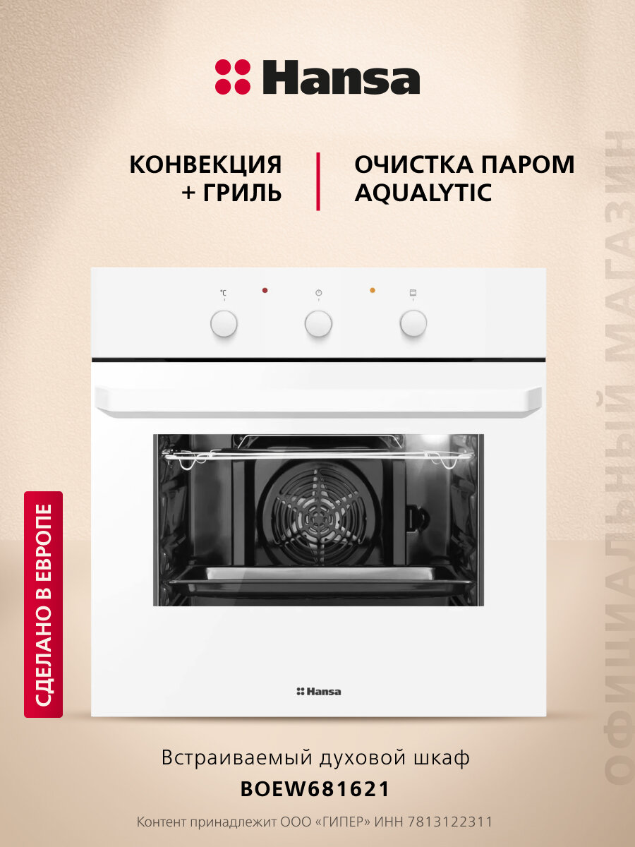 Электрический духовой шкаф Hansa встраиваемый BOEW681621, 60 см, с грилем и конвекцией, 8 режимов нагрева, с таймером, быстрый предварительный нагрев, очистка паром