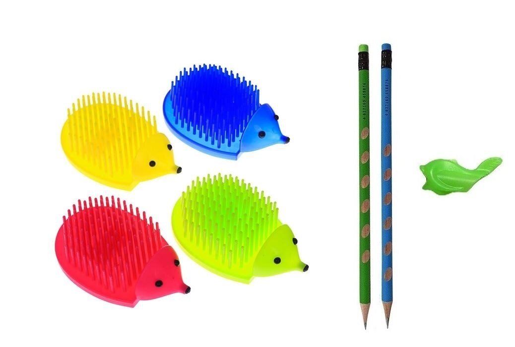 Настольная подставка для ручек "Ежик" , ассорти (4 шт.) +подарок карандаш для правшей "DeVente" с углублениями ( 2 шт. ) и насадка-тренажер "дельфин