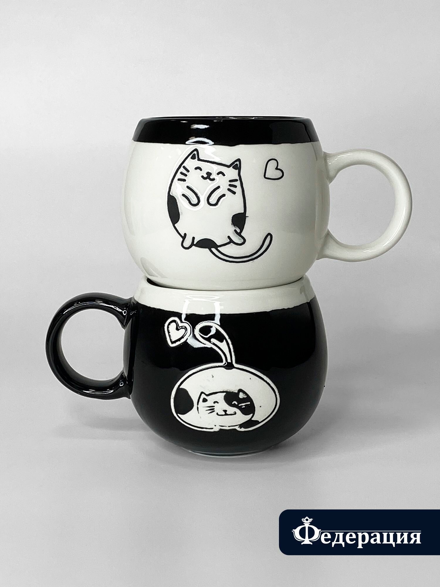 Набор кружек круглых с рельефным принтом 320 мл, "Котовасия", черная и белая - 2 шт