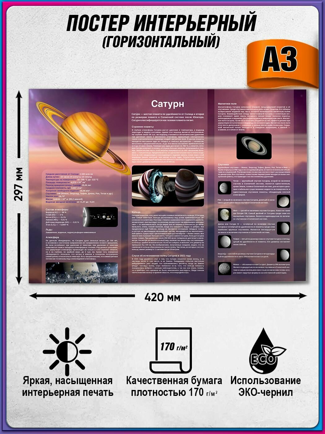 Плакат "Планета Сатурн" / А-3 (30x42 см.)
