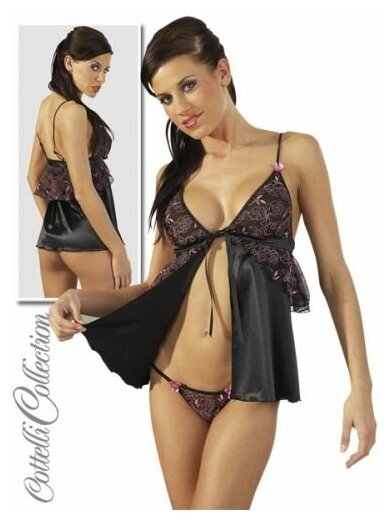Бебидолл от Cottelli COllection с розовой вышивкой на черном фоне, S