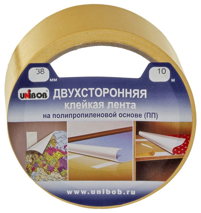 Клейкая двухсторонняя лента 38 мм х 10 м, полипропиленовая основа, UNIBOB, 38566