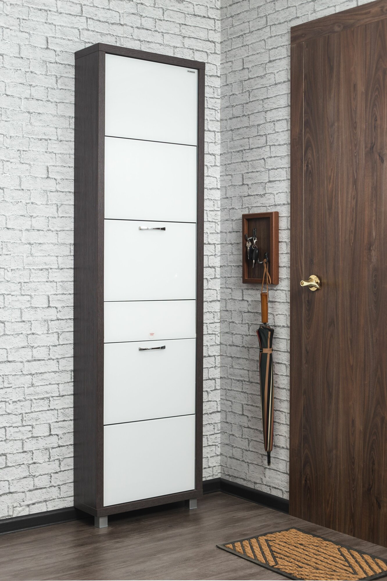 Обувница Ironnori Люкс Плюс, фасад белое стекло, 5 секций плюс ящик для мелочей, цвет Капучино.