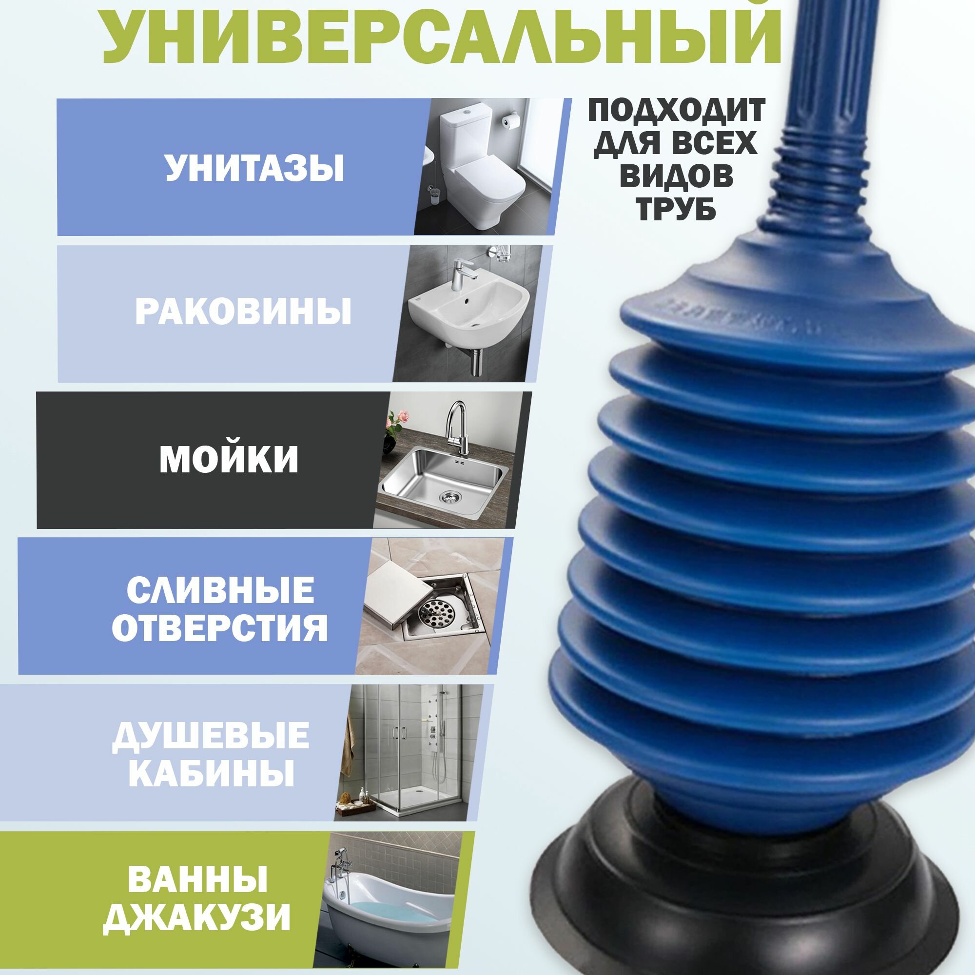 Вантуз усиленный, с длинной ручкой, резиновый, синий, 15см, 0,195кг — фото 1