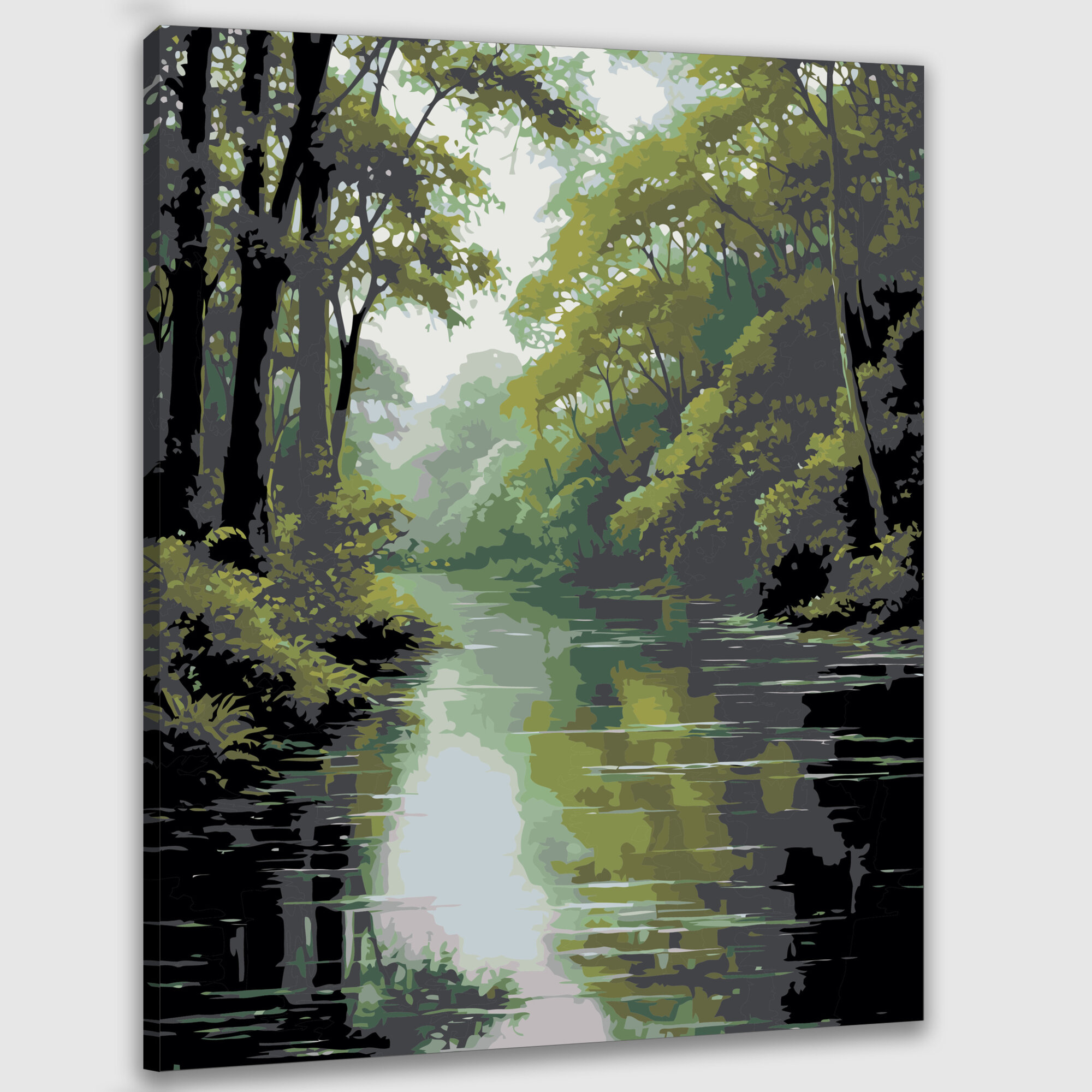 Картина по номерам 40x50 см, картина, масло, спокойная сцена, берег реки, зеленые деревья, отражение в воде, природа