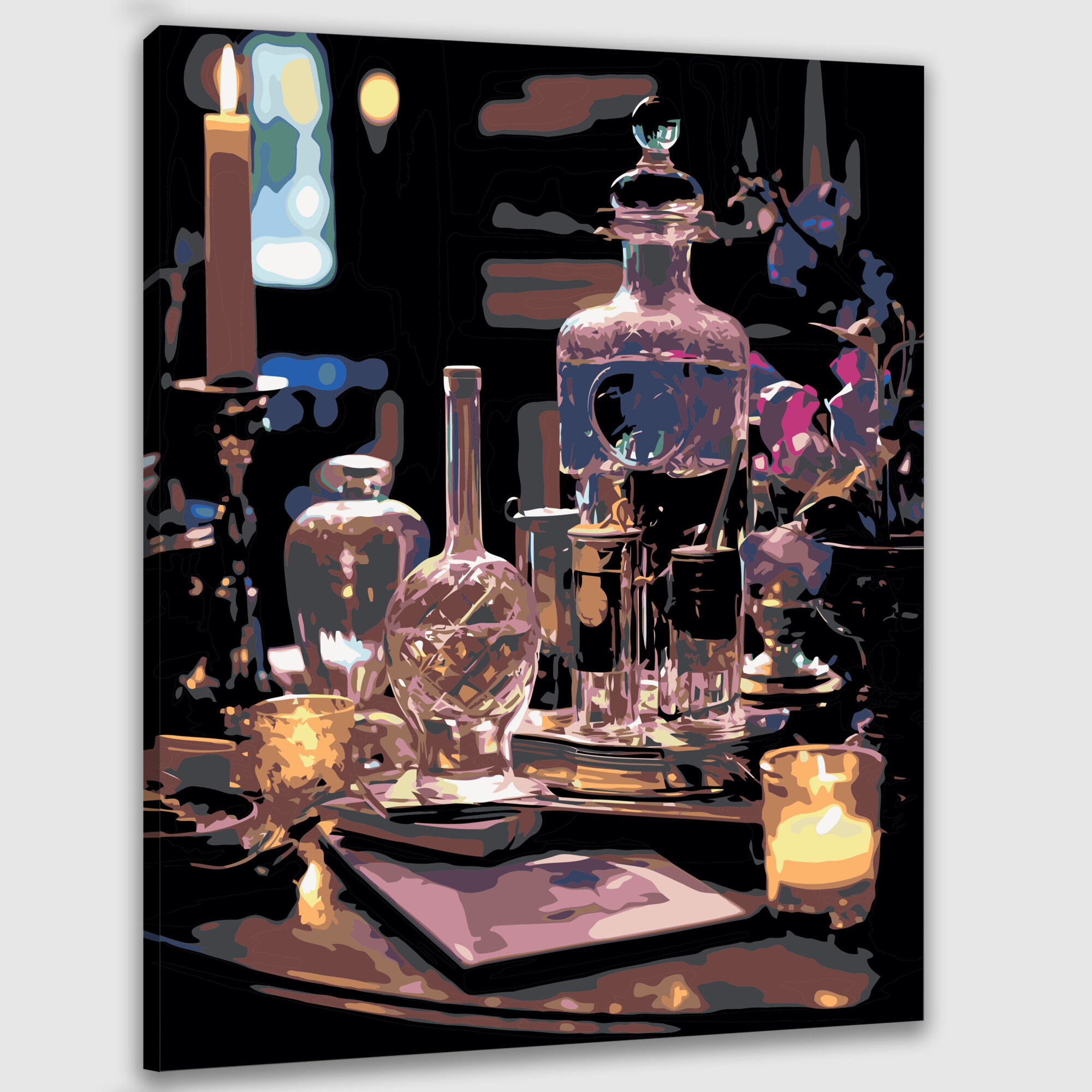 Картина по номерам 40x50 см, фотография, зелье, город, бутылка, жидкость, сервировка, стол, книги, свечи, флаконы