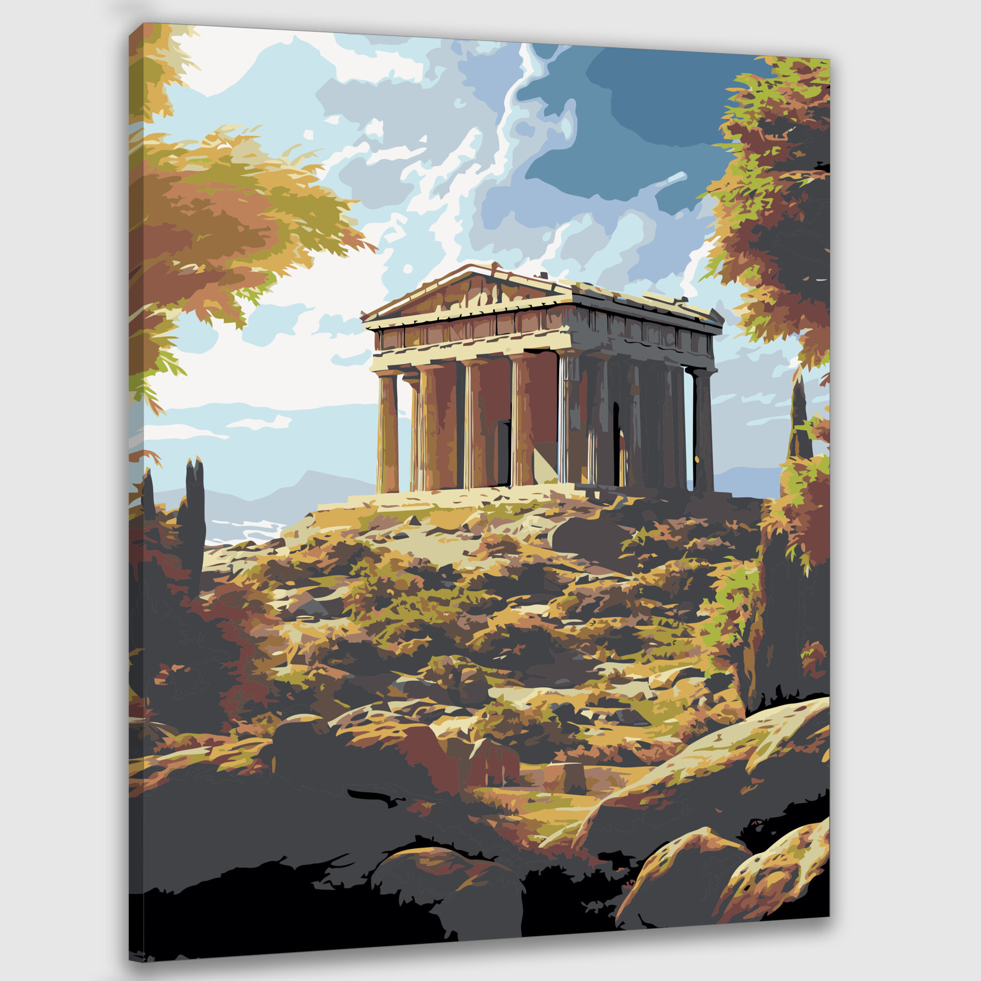 Картина по номерам 40x50 см, греческий храм, холм, зелень, голубое небо, солнечные лучи, древние руины, камень, масштаб