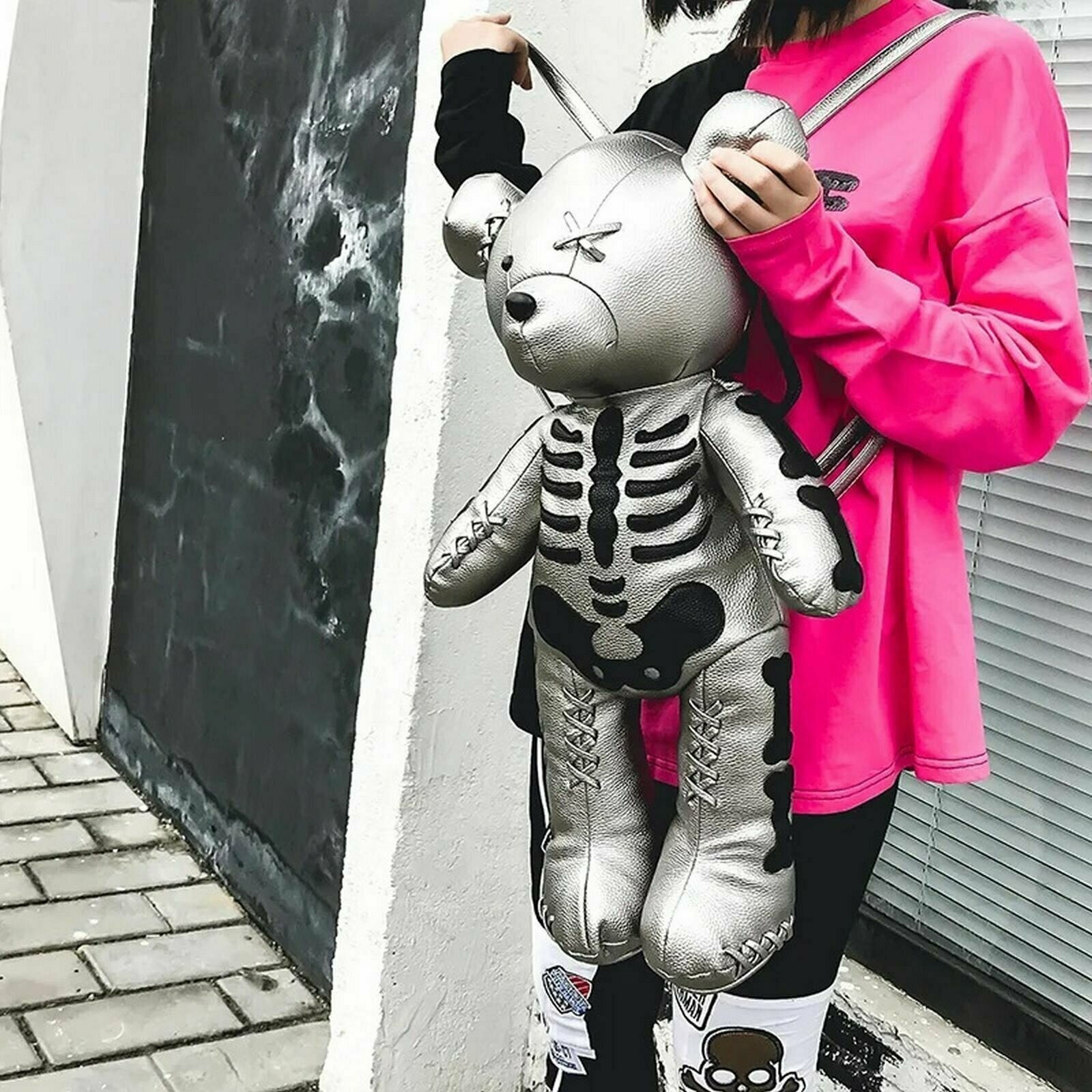 Рюкзак медведь серебристый, 65 см, сумка рюкзак из экокожи "Skeleton Bear"