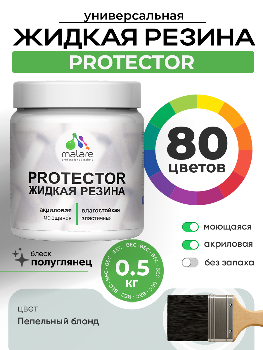 Жидкая резина Malare PROTECTOR, эластичная резиновая краска для внутренних и наружных работ, универсальная для дерева, бетона, металла, быстросохнущая, влагостойкая, полуглянцевая, пепельный блонд, 0.5 кг.