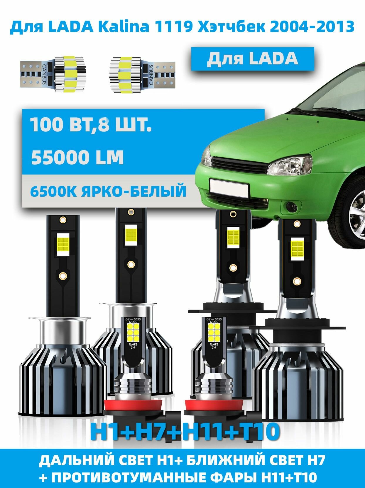 Светодиодная автомобильная лампа для фары LED Лампочка Для LADA Kalina 1119 Хэтчбек 2004-2013