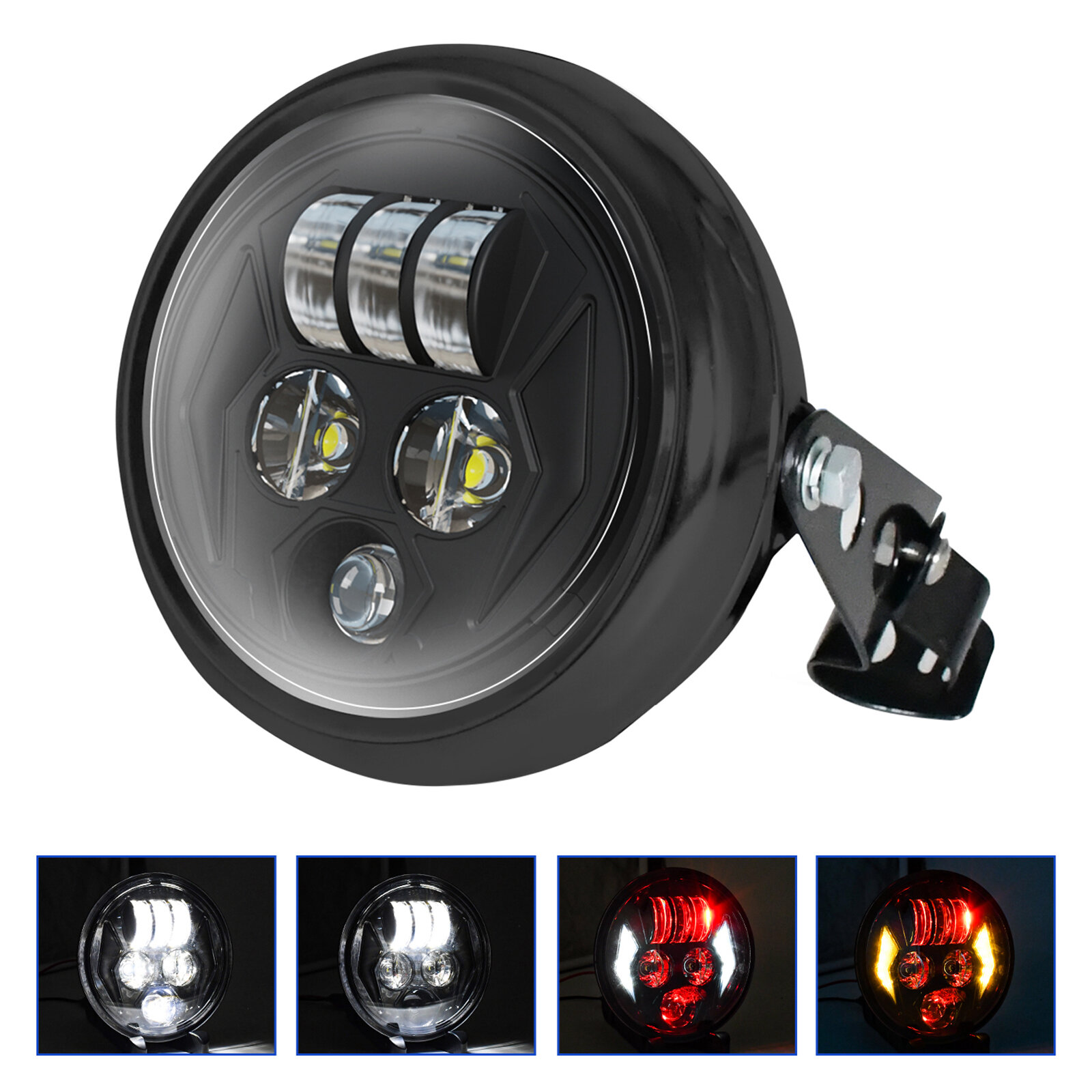 Фара мотоцикла LED 5.75 дюйм с корпусом и кронштейном,//DRL/поворотный сигнал, 1 упаковка, H4, 9-32V, 100W/10000LM, 75W/7500LM, 6000K/3500K/1000K, IP67, алюминий дробленый