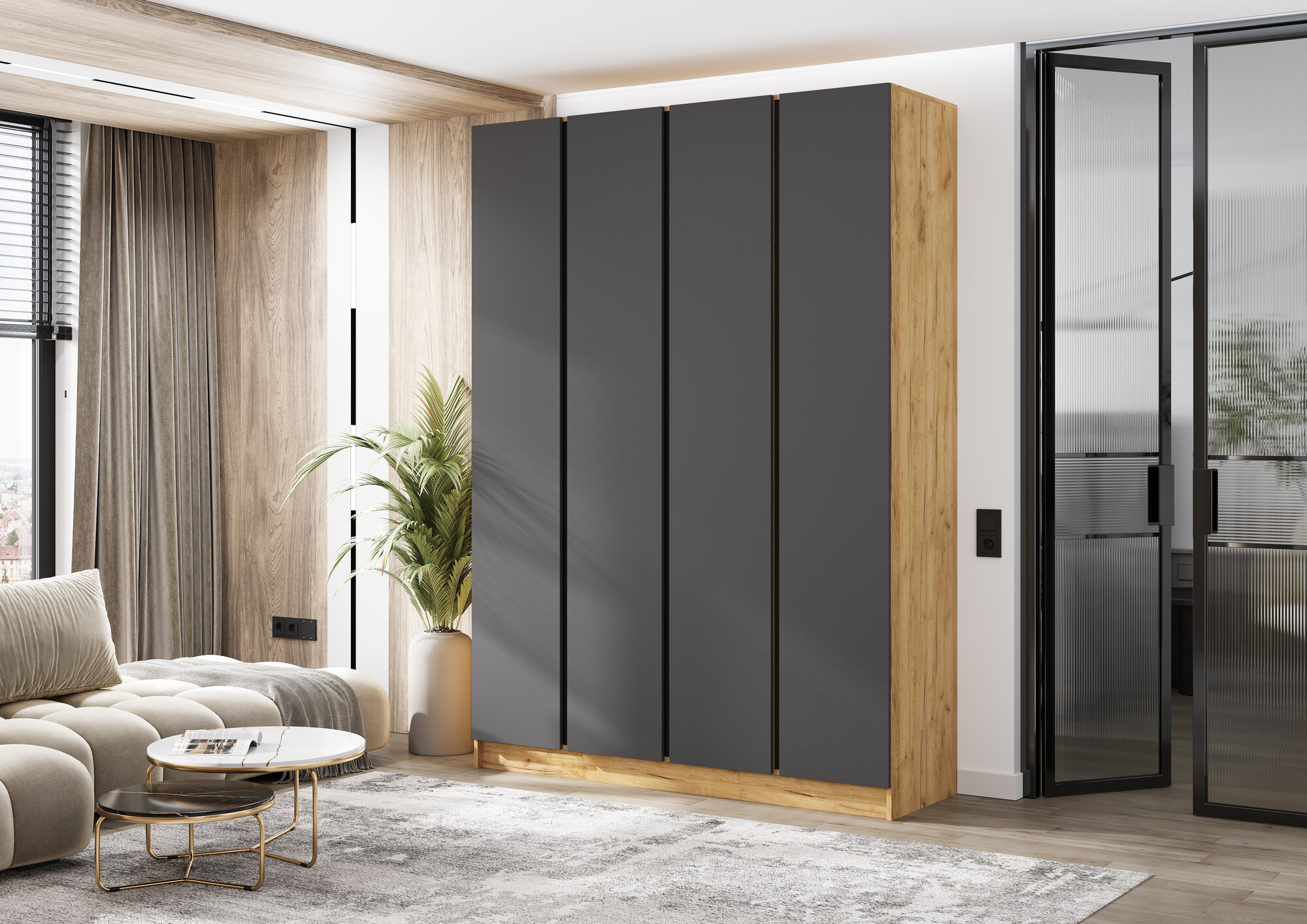 Шкаф для одежды Миф Келвин 4-х ств. Графит/дуб крафт вставка черная 1600х2236х506мм