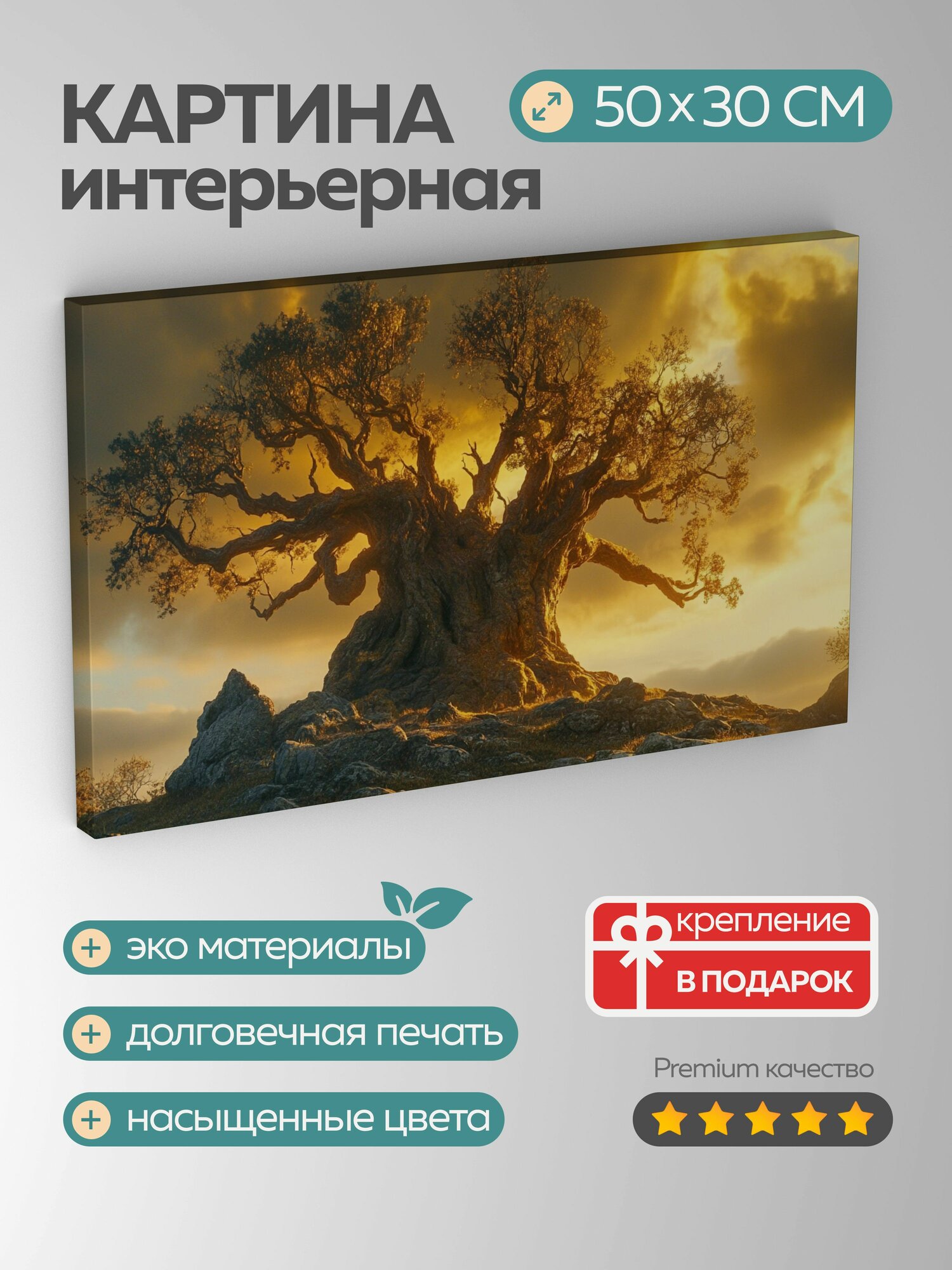 Картина на холсте интерьерная 50х30 см, дуб, ветви, небо, закат, свет, могущество, массивный, древний, узловатый