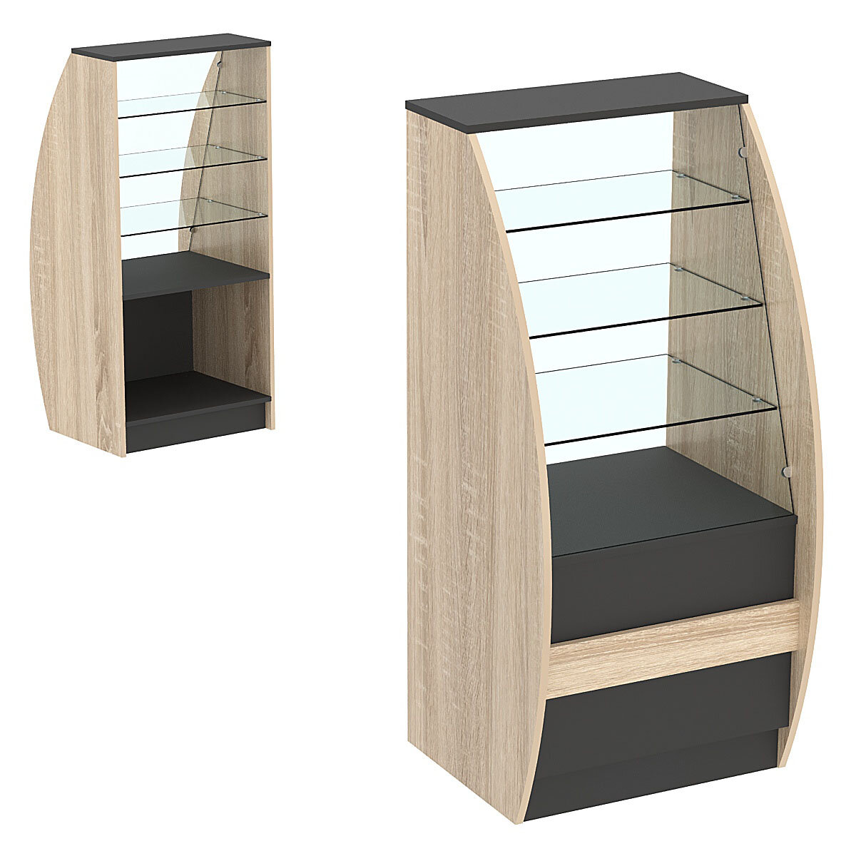 Торговый прилавок со стеклом серии бриз №1-600 узкий, Черный + Дуб Сонома