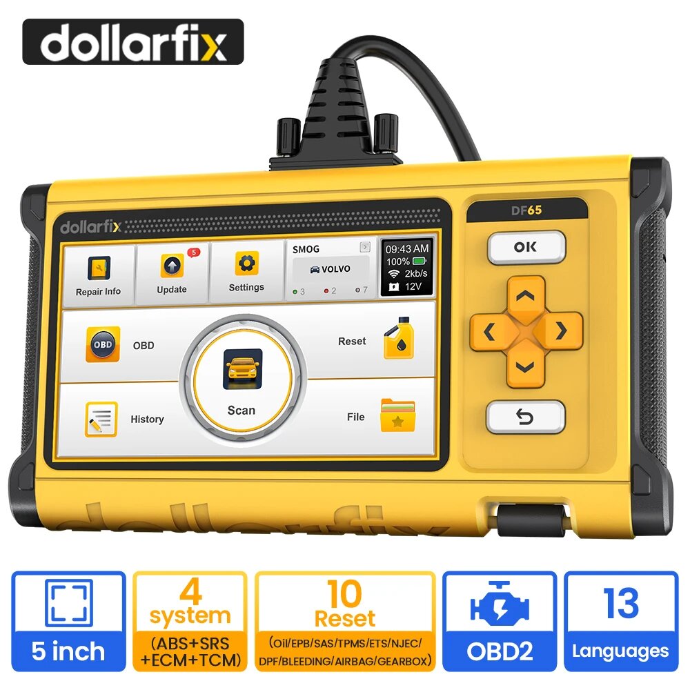 Диагностический инструмент для автомобилей Dollarfix DF65 OBD2, сканер для 4 систем, инструменты ABS, SRS, TCM, ECM, 10 сбросов, функция DPF, считыватель кодов, бесплатный на всю жизнь