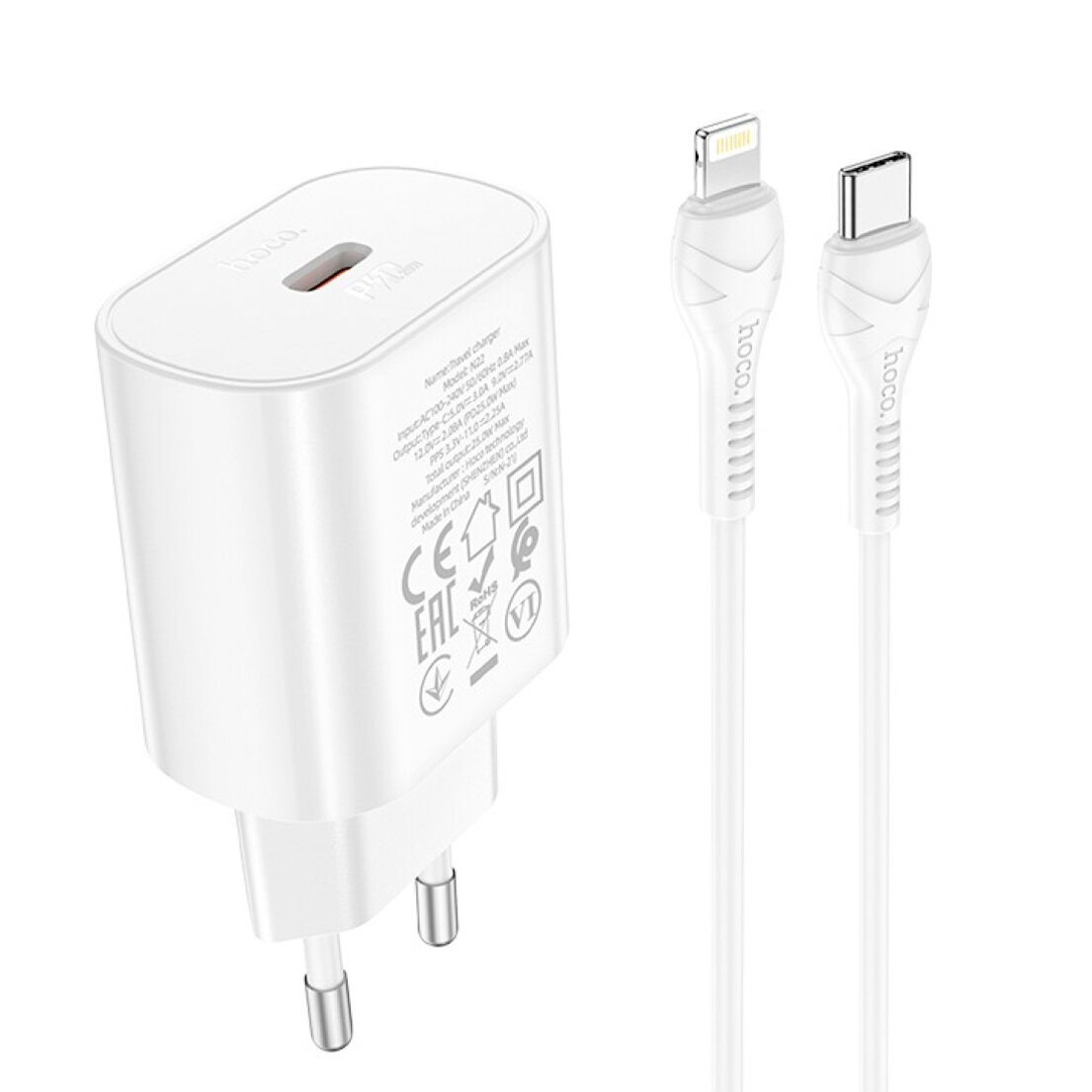 Сетевое зарядное устройство, 1 PD 25W (N22), HOCO, Type-C to Lightning, Безопасный сертификат, белый