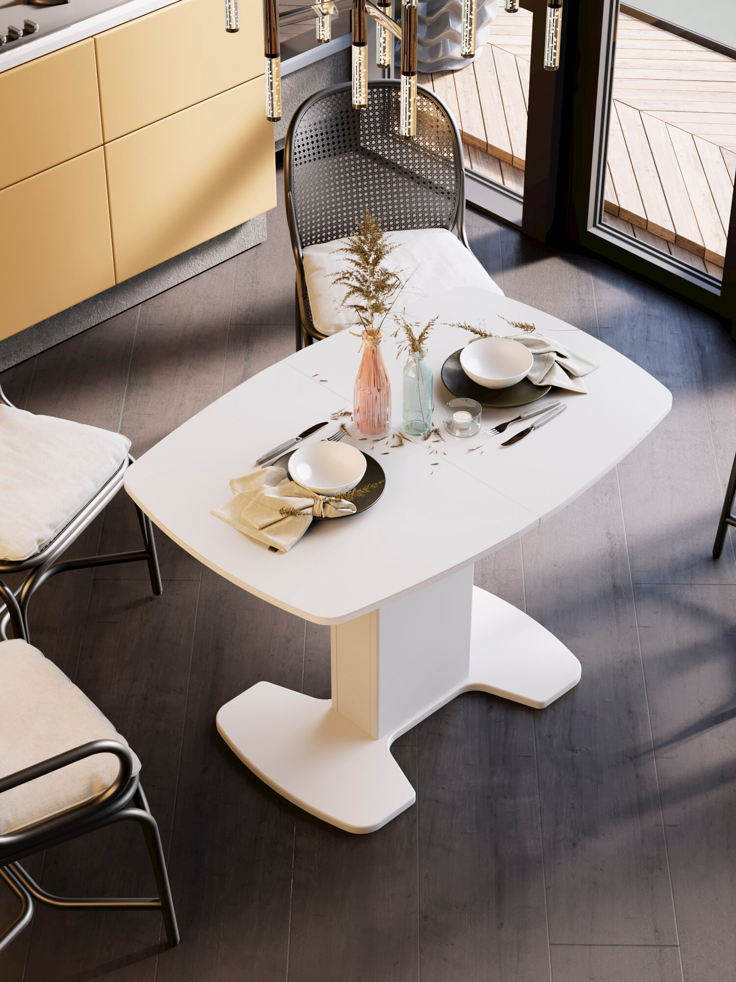 Стол кухонный раздвижной Портофино 75х110 см. Белый глянец/Стекло белое