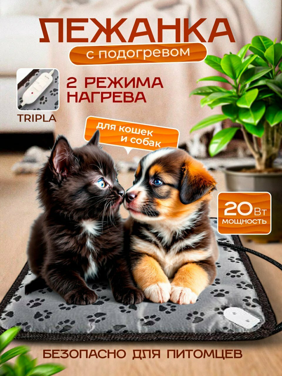 Лежанка для собак и кошек с подогревом 45x45см, коврик с подогревом для животных, грелка электрическая