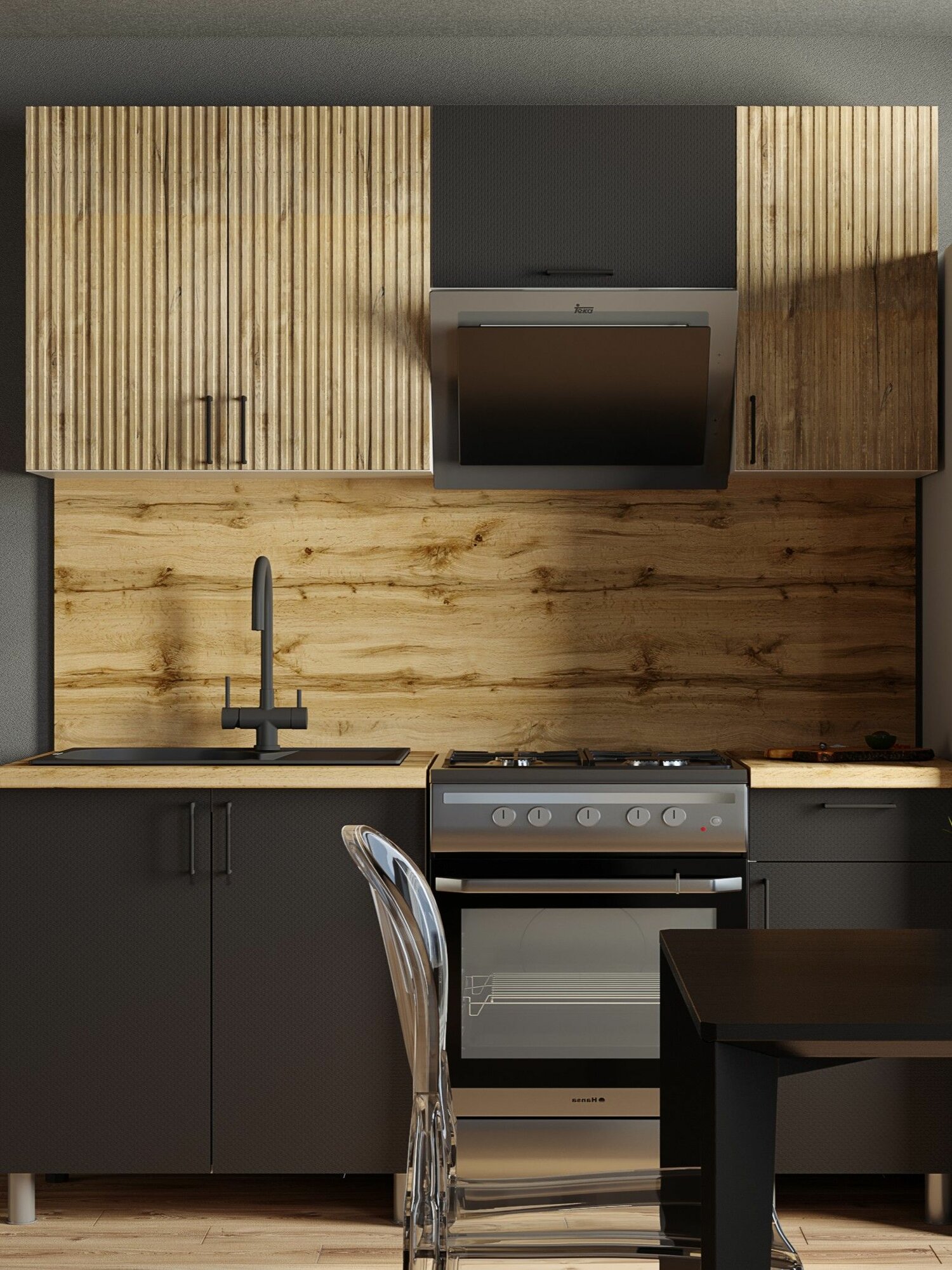 Кухонный гарнитур с окапом Кантри МДФ 1,8м дуб канадский/карбон вулкан без столешницы