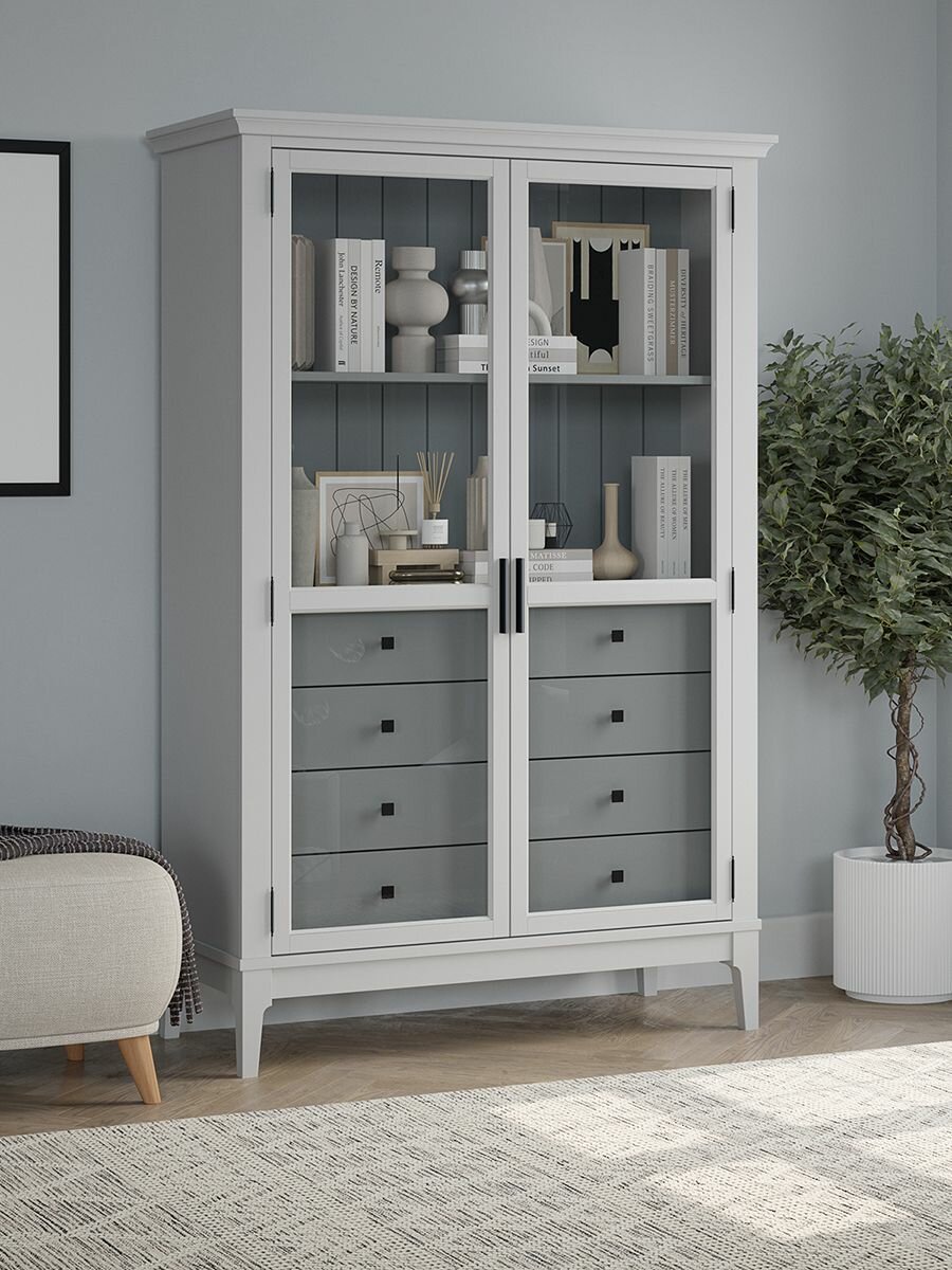 Шкаф для посуды ММЦ Гостиная Квадро-С 20/04С (белый лак-серый 7042) из массива сосны