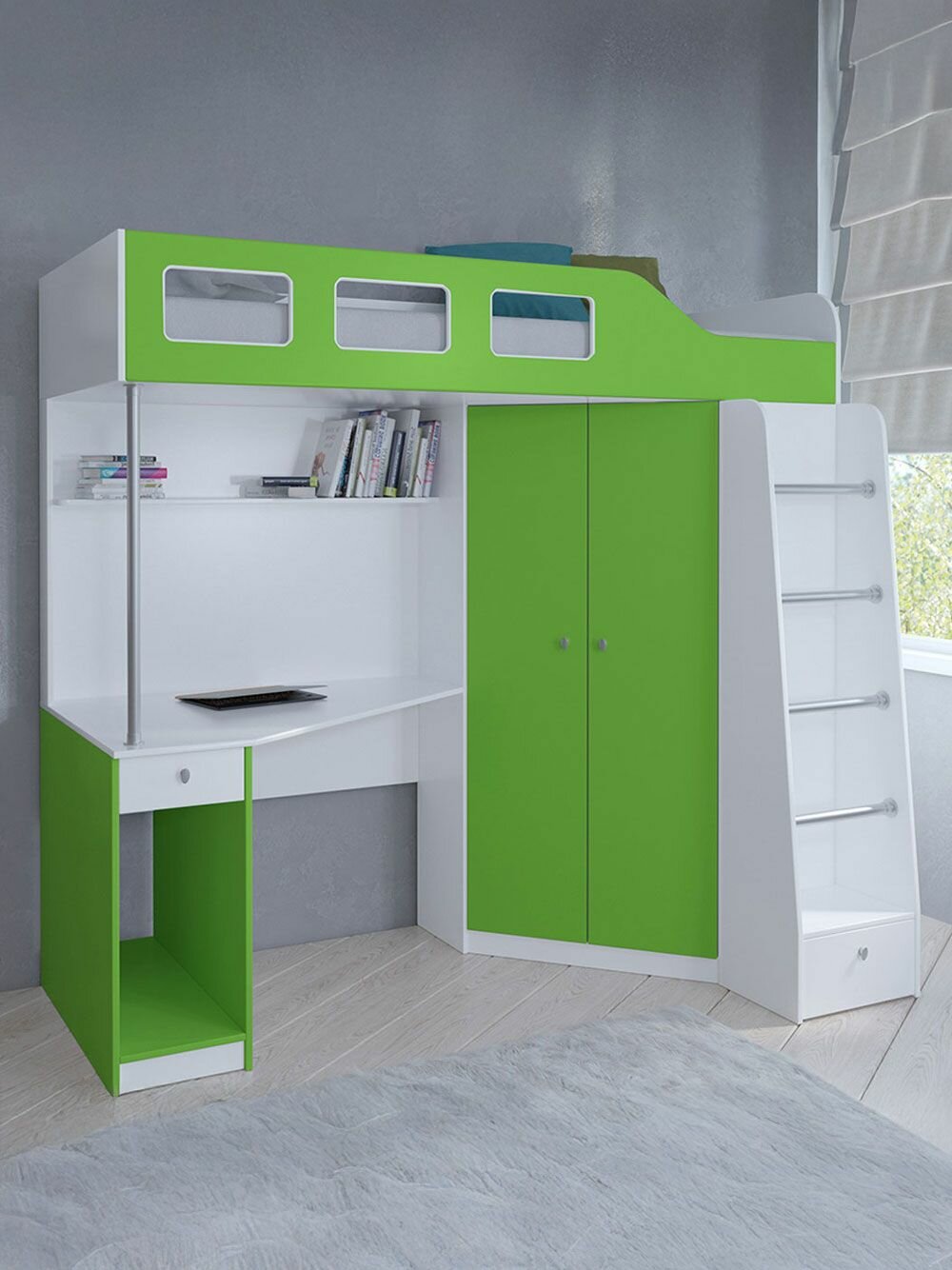 Кровать-чердак Астра-7 80х195 см, с основанием настил, со шкафом, со столом, с полками, с ящиком, Белый Салатовый