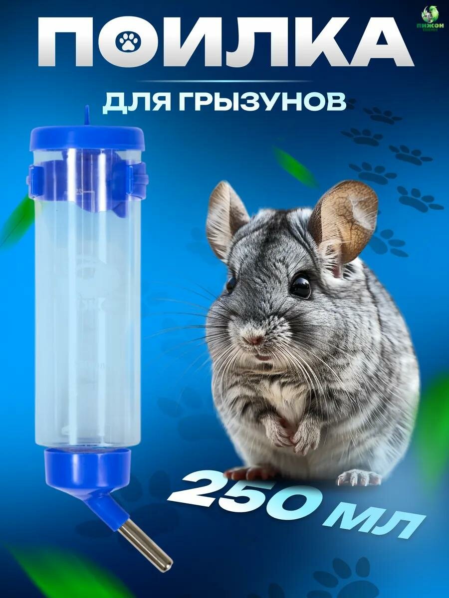 Поилка "Пижон", для грызунов, крепление между прутьями клетки, 250мл, синяя