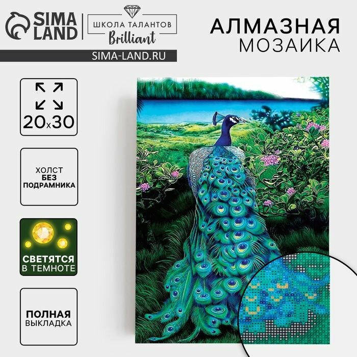 Алмазная мозаика с полным заполнением со светящимися стразами на холсте Павлин , 20 30 см