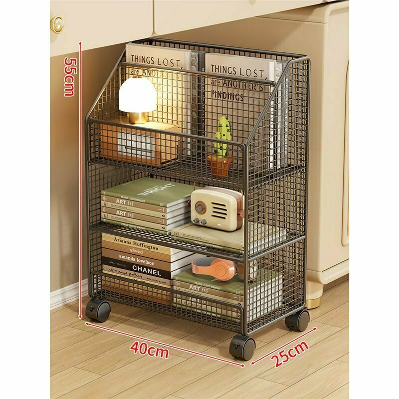 Полка под столом-черная трехслойная вертикальная на колесиках, металл, настольная55*40*25（черный）