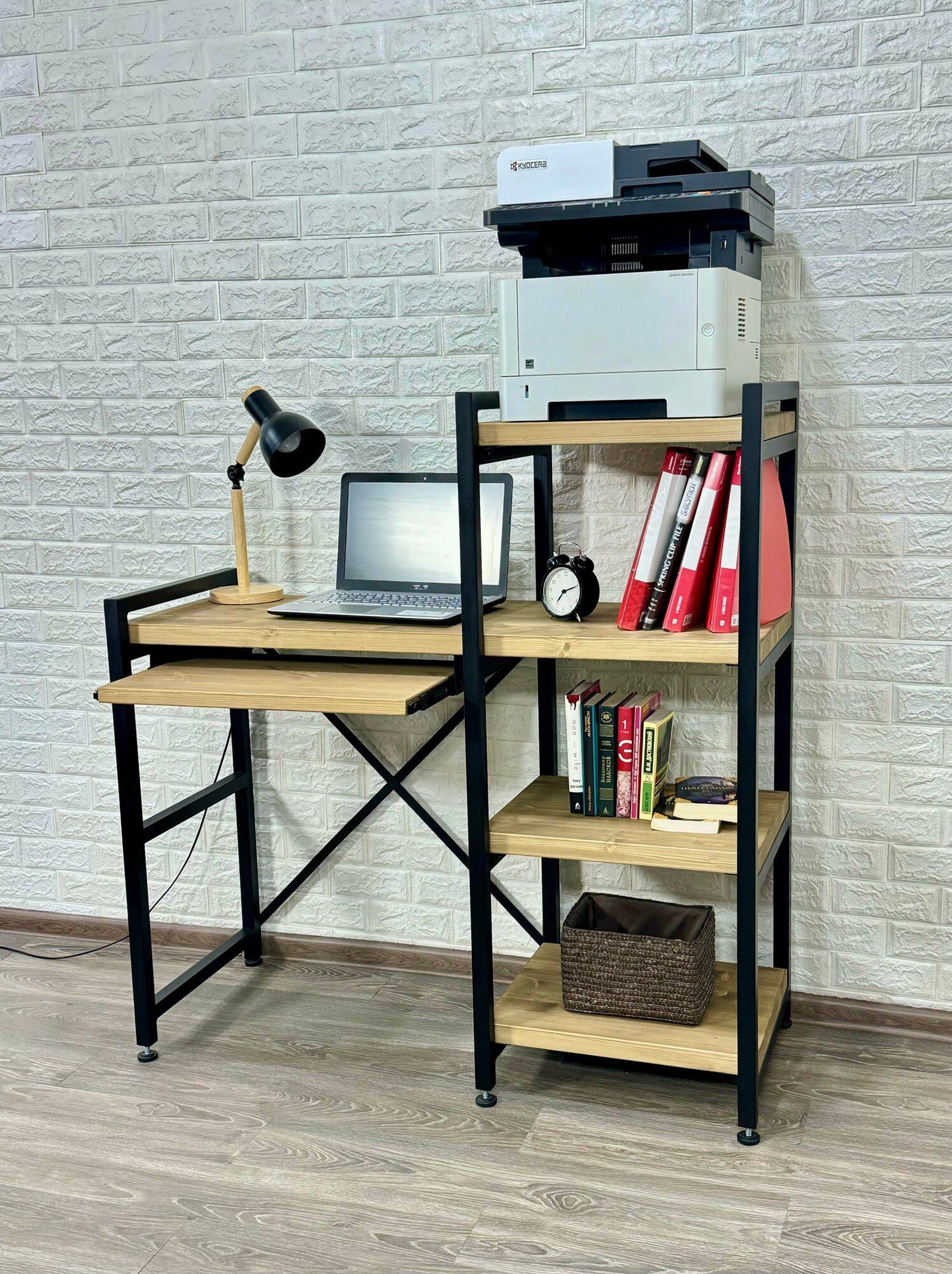 Стол-стеллаж в стиле лофт, KOWALLI Palermo-4XL, компьютерный, черный, дерево и металл, 120 х 46 х 124 см