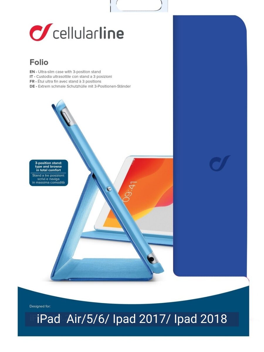 Чехол-книга Cellularline, для iPad Air/5/6/ipad 2017/ ipad 2018, голубой, противоударный.