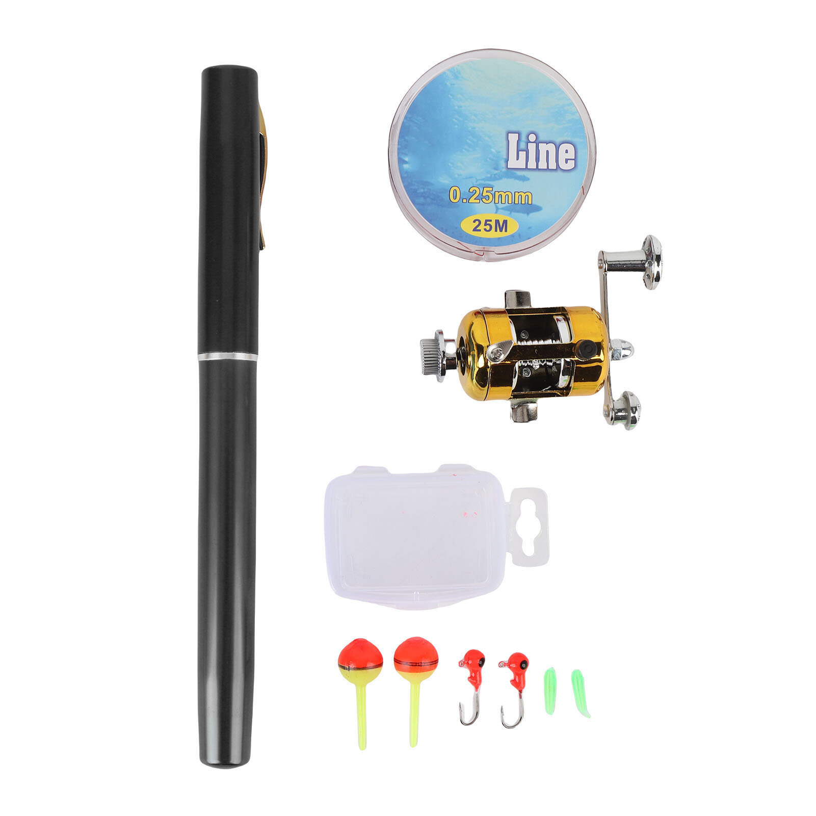 Миниатюрная удочка в форме ручки, портативная карманная удочка с катушкой для рыбалки на открытом воздухе, черная.