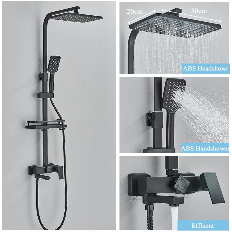 Черный/хромированный латунный смеситель для душа в ванной комнате, 4-функциональное вращение, длинный излив, смеситель для холодной и горячей воды, душевая система с дождевой системой, 3ways-Black-ABS