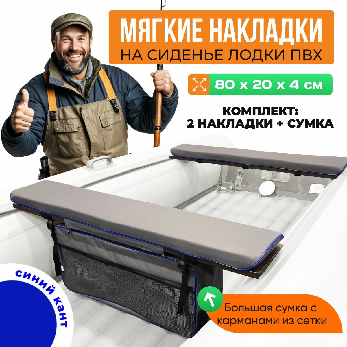 2 мягкие накладки 80х20 см + сумка с карманами 56х20х30 см на сиденья лодки ПВХ, сшиты из Оксфорд 600D (серые с синим кантом)