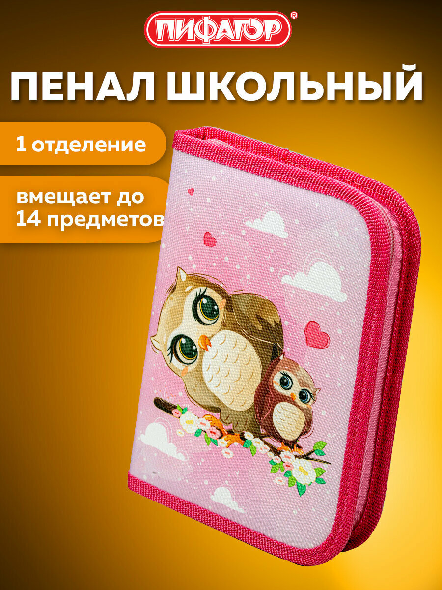 Пенал Пифагор, 1 отделение, полиэстер, 19х13 см, Cute owls, 271011