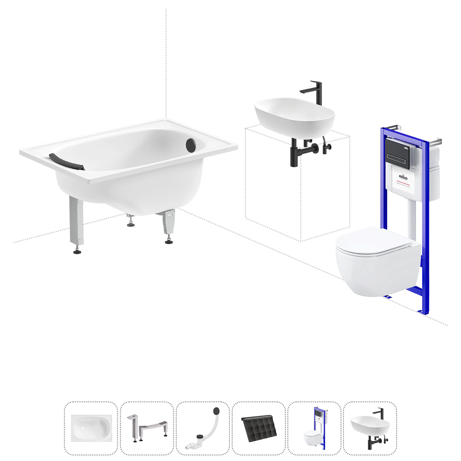 Стальная ванна 105х70 Sanitana BLB Europa Mini 20220755R в наборе 6 в 1: металлическая ванна 105 х 70 см с сиденьем, ножки, слив-перелив, подголовник, инсталляция с унитазом, раковина с комплектом для подключения