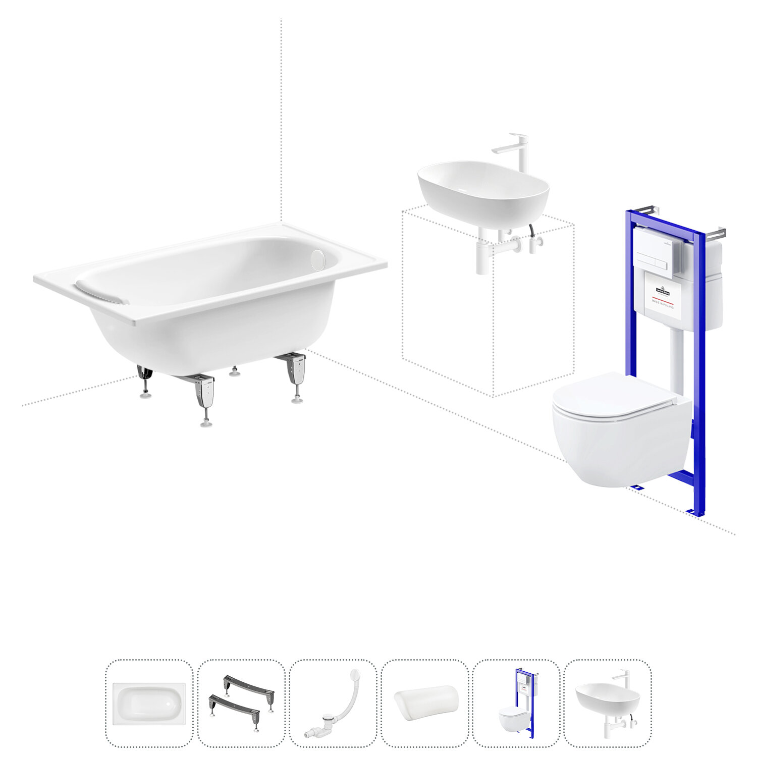 Стальная ванна 120х70 Sanitana BLB Europa 20220770R в наборе 6 в 1: металлическая ванна 120 х 70 см, ножки, слив-перелив, подголовник, инсталляция с унитазом, раковина с комплектом для подключения