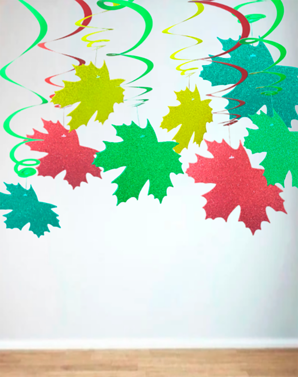 Спираль, гирлянда "Кленовые Листья", 8 шт, для декора, красная, зеленая, светло-зеленая, желтая с блестками, осень