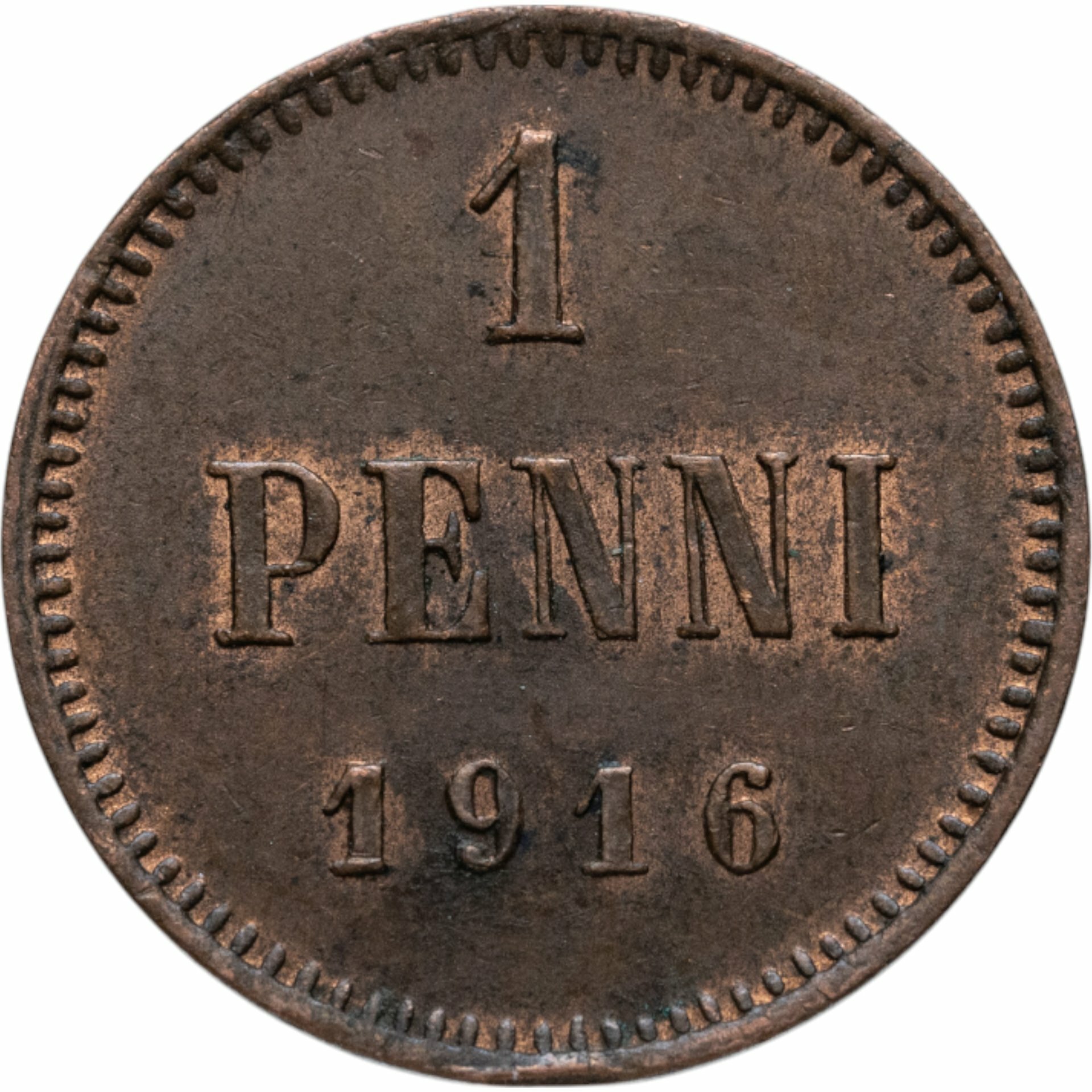 1 пенни penni 1916 Российская Финляндия, Медь, в сохранности UNC
