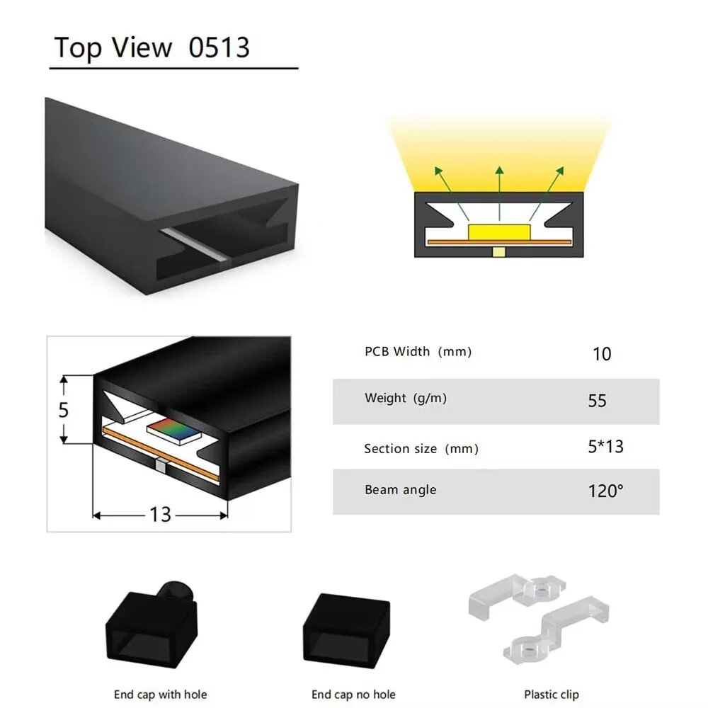 FUNZENXIN Силиконовая гибкая светодиодная трубка RGB Черный, T0513 All Black, 1 м