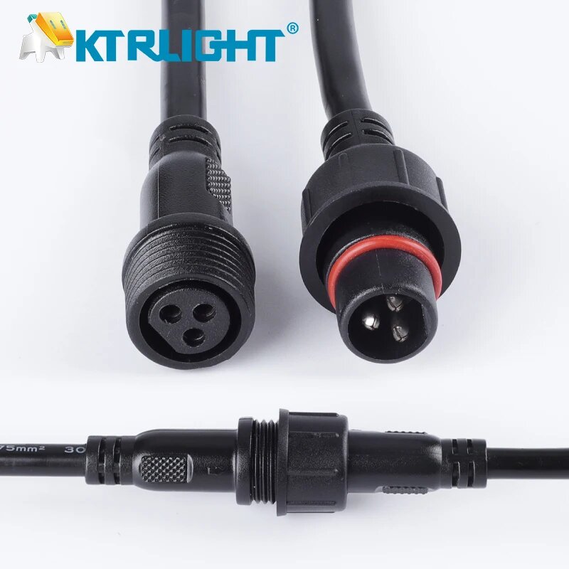 3-жильный круглый провод 18AWG, водонепроницаемые косички, удлинительный кабель, мужской и женский электрический кабель, разъемы, стиль, черный, длина 20 см, каждый