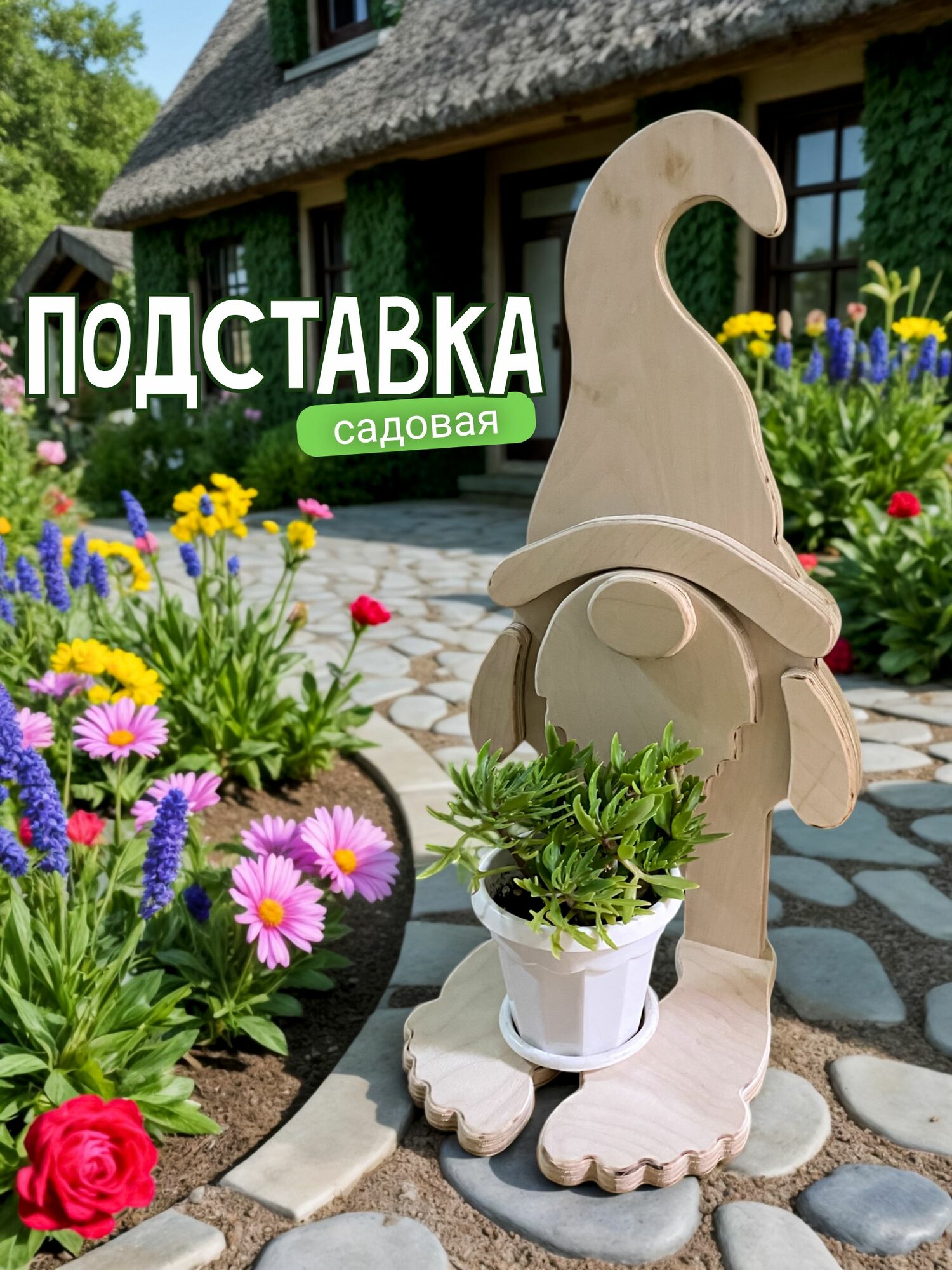 Садовая фигура из дерева "Гном" для дачи, дома и сада / подставка для цветов