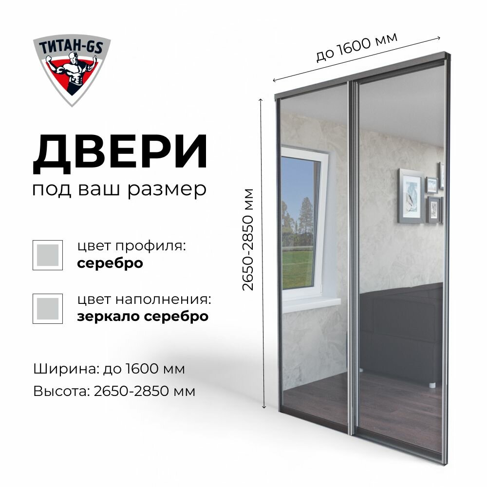 Двери купе для гардеробной и шкафов Титан-GS 2 створки в проем до 1600 на 2850, профиль серебро зеркало серебро