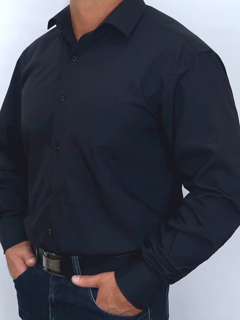 Рубашка Мужская рубашка с длинным рукавом прямая классическая, темная сорочка на пуговицах, рубаха на любой сезон, черная однотонная, с карманом, на любой сезон и на лето рубашка