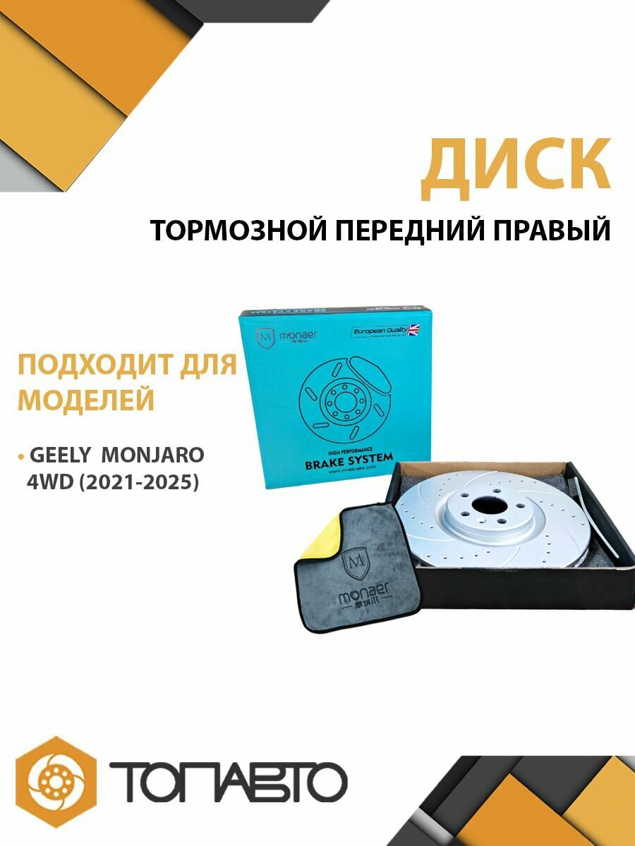Передний правый перфорированный тормозной диск Monaer для GEELY MONJARO 4WD (2021-2025)