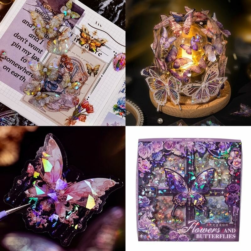 1 коробка из 100 листов водонепроницаемых наклеек серии "цветы и бабочки"