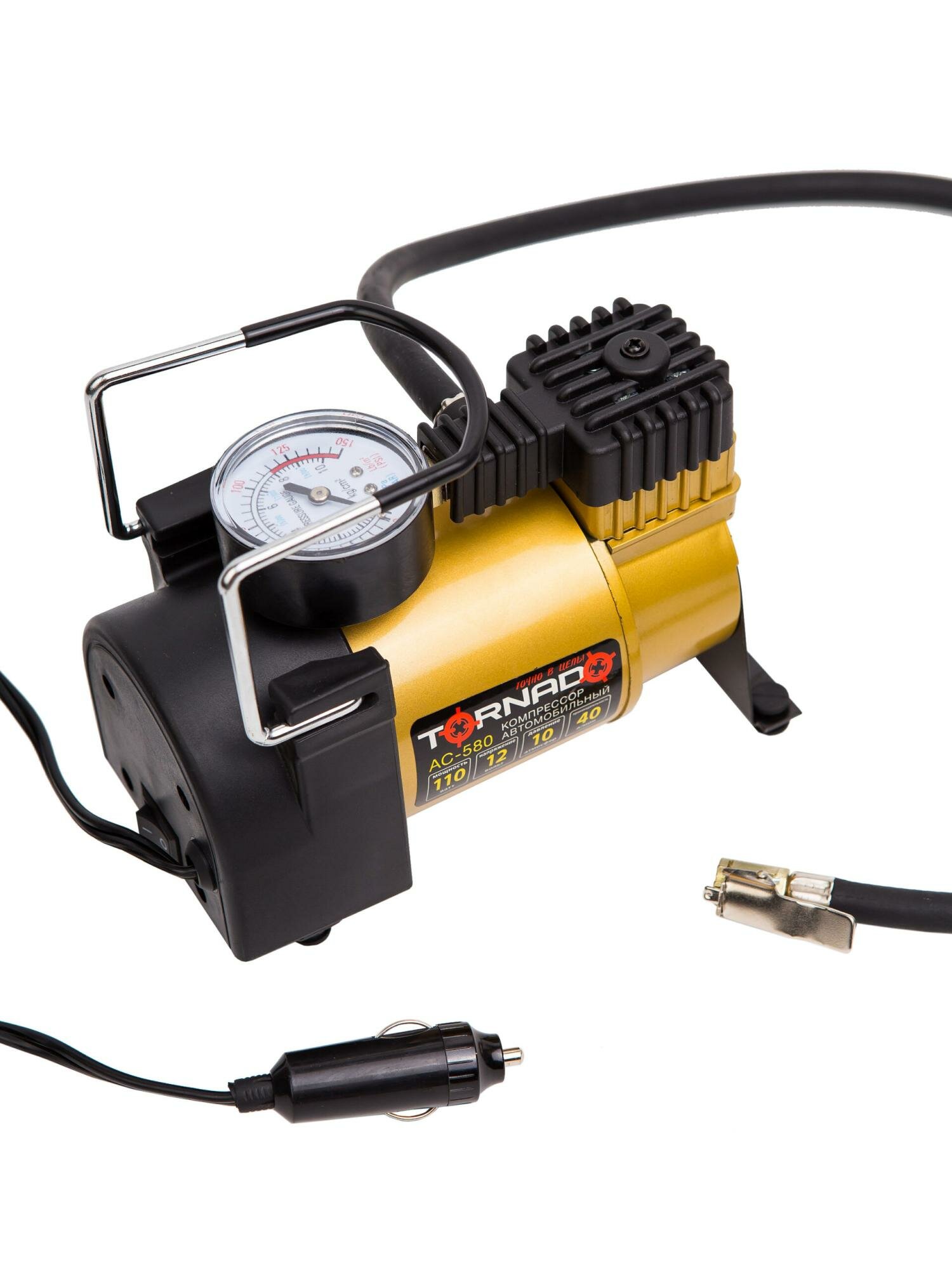 Компрессор автомобильный Торнадо 580 Golden "Точно в цель", 40 л/мин, шланг с прищепкой