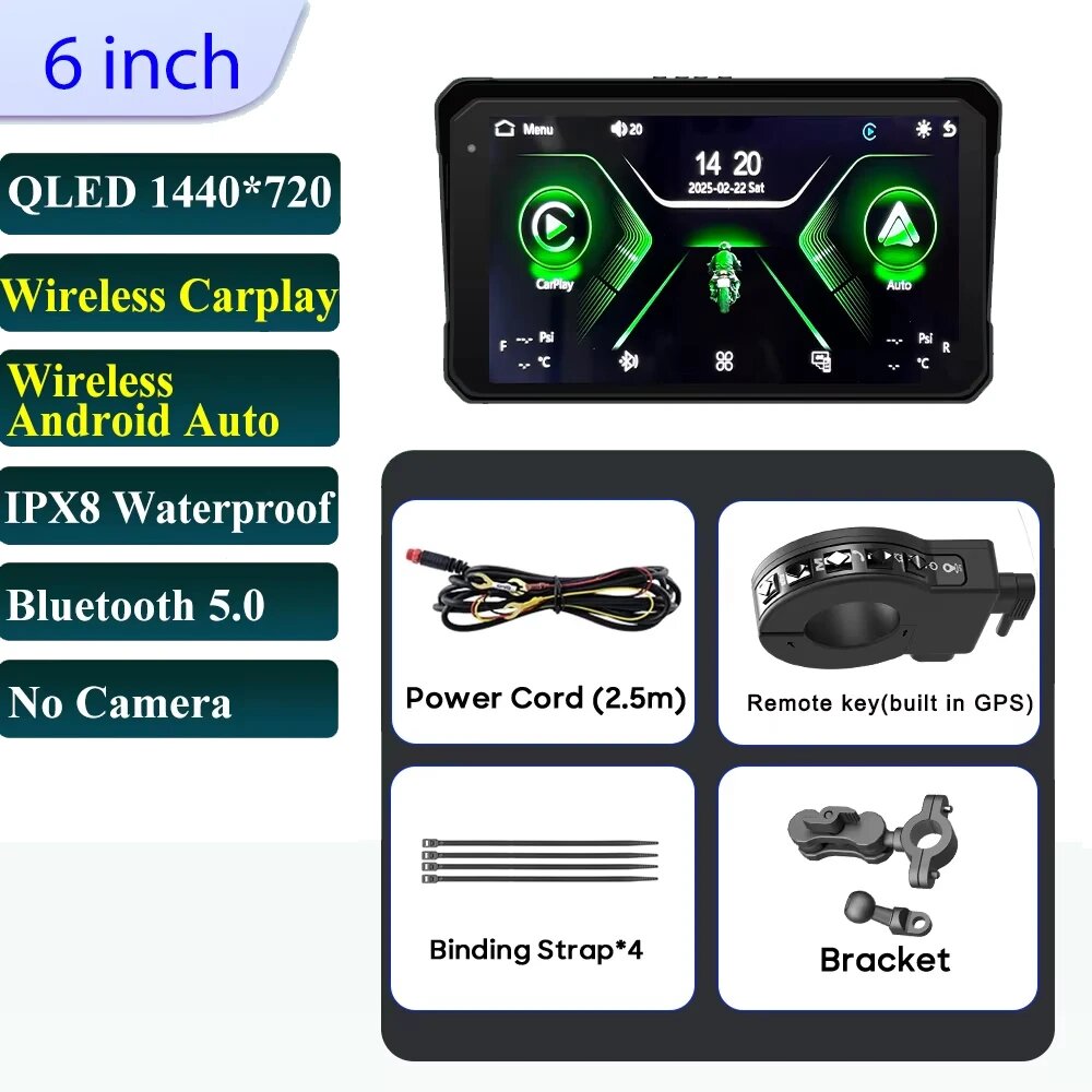 6-дюймовый водонепроницаемый мотоциклетный GPS-навигатор, беспроводной Carplay Android Auto DVR, рекордер, монитор мотоцикла, WIFI TPMS Screen-GPS