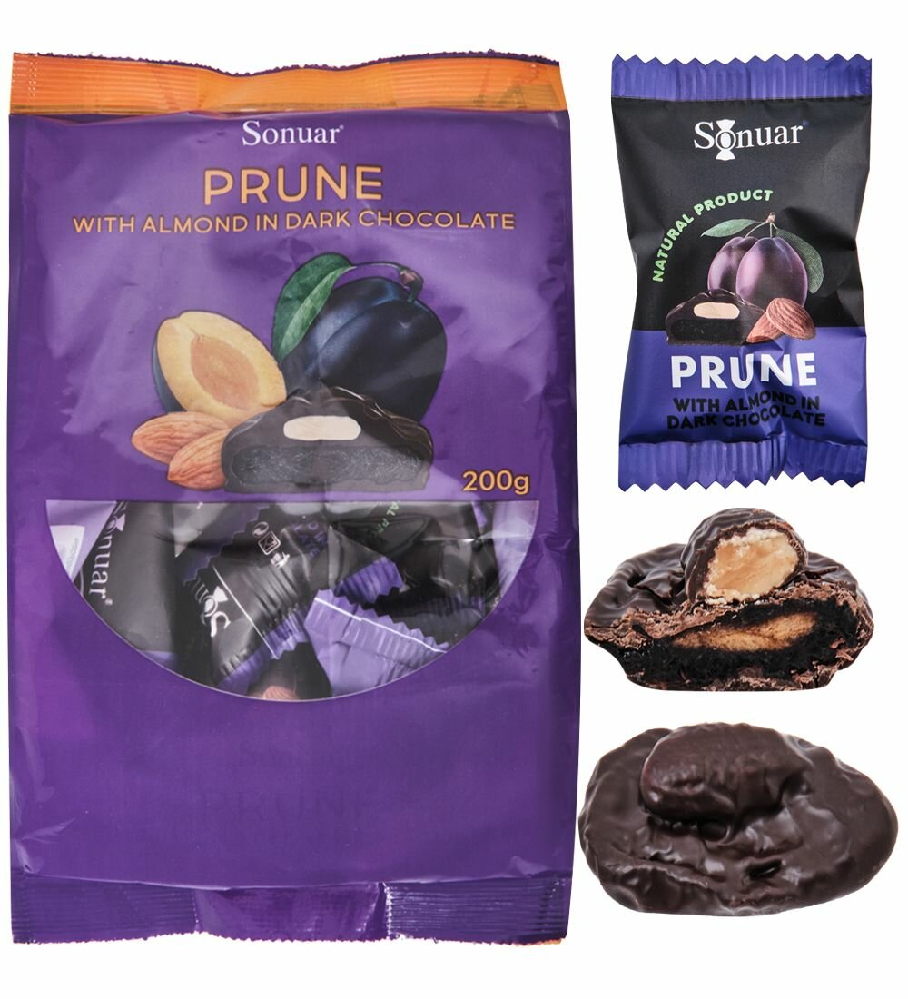 Чернослив с миндалем в темном шоколаде 54% в пакете 200гр (Sonuar)
