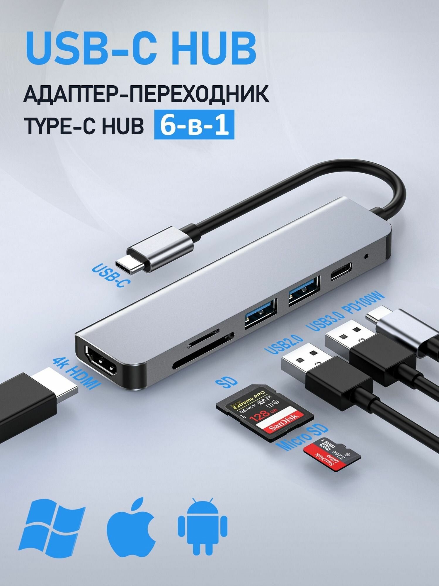 USB-хаб Type-C HUB 6 портов с HDMI, USB 3.0, USB 2.0, Type-C PD, MicroSD, SD концентратор, разветвитель для ноутбуков и смартфонов