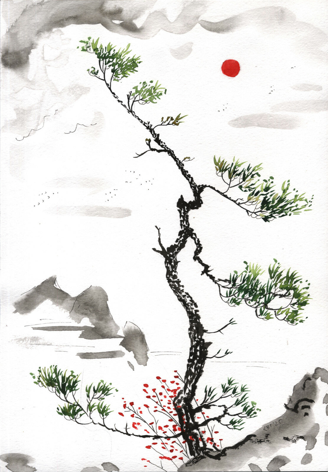 Картина акварельная "Сосна под луной", ручная работа, акварель, 21х30 см